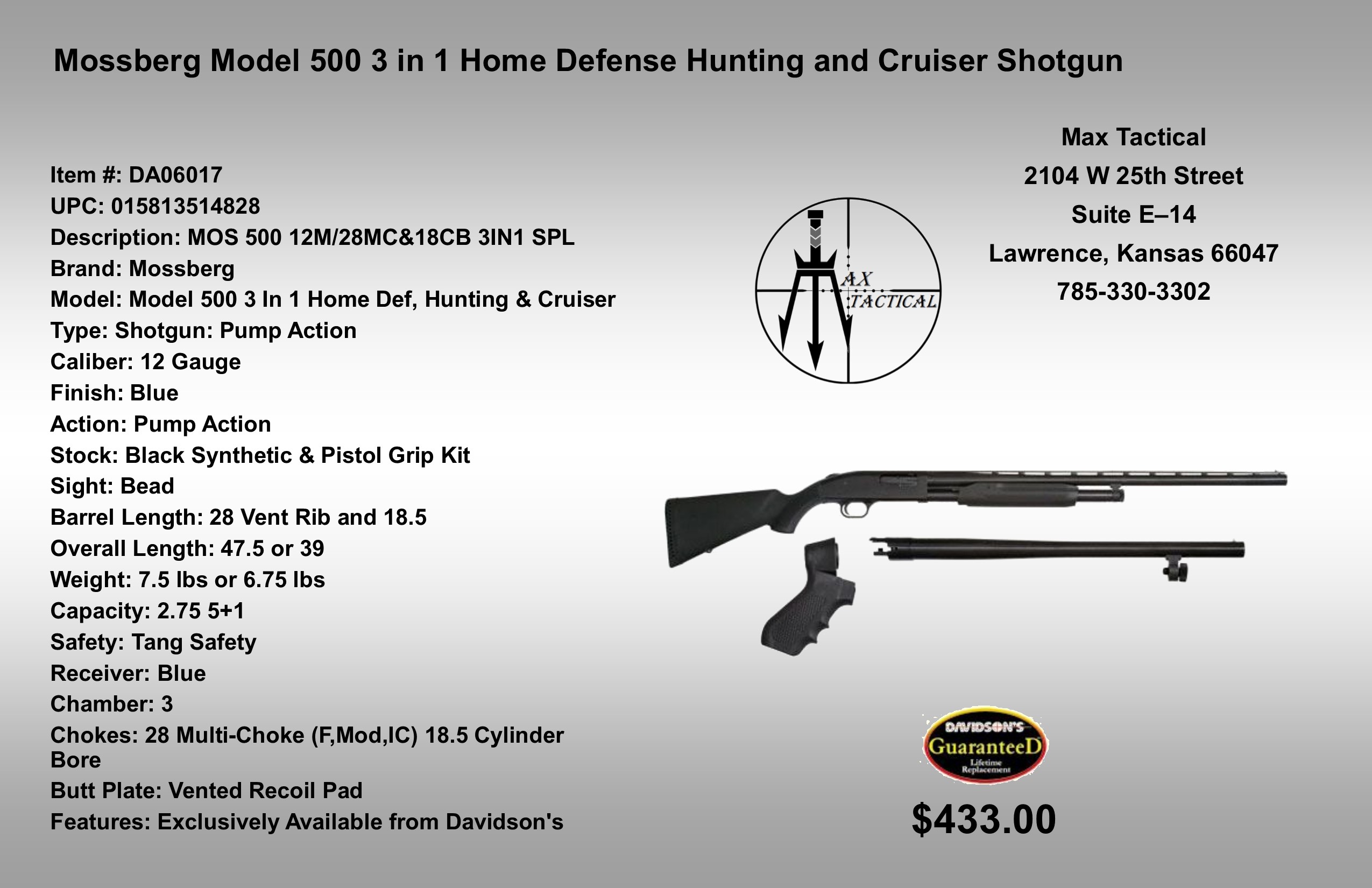 Mossberg Model 500 3 in 1 Home Defense Hunting and Cruiser Shotgun 1 ...