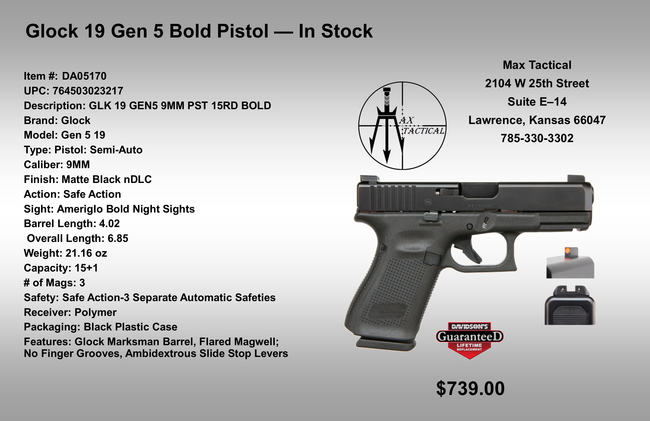 Glock 19 Gen 5 Bold Pistol – Max Tactical